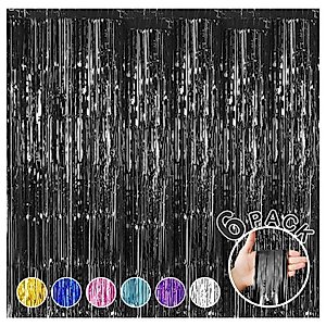 6 Pack Foil Fringe Backdrop Curtains, 3.28 x 8.2 ft Black Tinsel Streamers Metallic Tinsel Foil Fringe Curtains Photo Booth Backdrop for Birthday Wedding Graduation Halloween Party Decorations