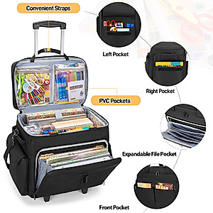 Trunab Rolling Scrapbook Tote with Expandable File Pocket, Large Craft Organizer and Storage Bag with Detachable Trolley and Bottom Support Panel for Scrapbooking Supplies and Art Tools, Black