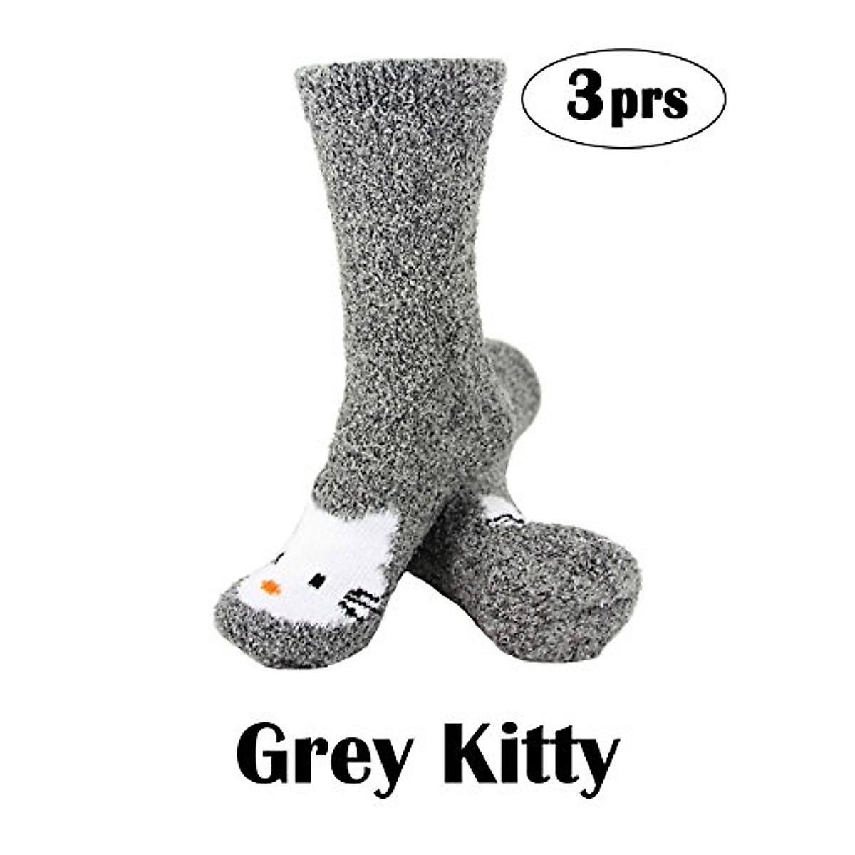 BambooMN Kitty Hello Socks For Women, Non-Slip Warm Fuzzy Crew Socks, Christmas Kitty Stocking Stuffer, gray, 3 pair