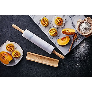 JEmarble Rolling Pin-Wooden Handles(White)(Premium Quality)Polished Surface 18-inch(10"Barrel) Genuine Stone Non-stick Save Effort Easy to Clean