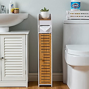 AOJEZOR Bathroom Storage Cabinet,Small Bathroom Storage Cabinet Set of 2 White-Bamboo Narrow Bathroom Cabinet Waterproof Great for Small Spaces,Slim Bathroom Storage Fit for Toilet Paper Storage