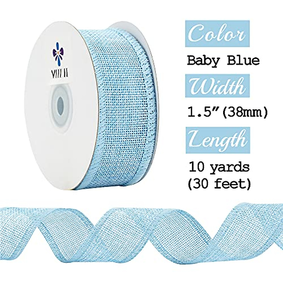 MEEDEE Light Blue Wired Ribbon 1.5 Inch Wired Edge Blue Burlap Roll Baby Blue Burlap Ribbon Blue Ribbon for Baby Shower, Wreath, Gift Wrapping, Garland, Bows Making, Swag, Home Decor (10 Yards)