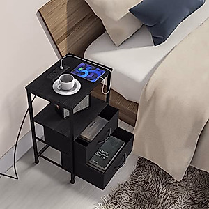 YBING Black Nightstand Set of 2 with Charging Station Bedside Table with Fabric Drawers and Open Shelf End Table with USB Ports and Power Outlets for Bedroom Living Room Dorm