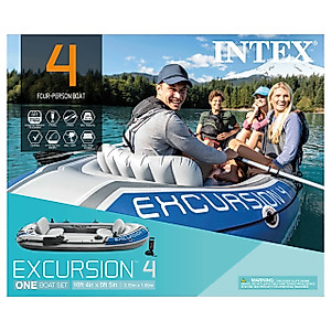 INTEX 68324EP Excursion 4 Inflatable Boat Set: Includes Deluxe 54in Boat Oars and High-Output Pump – Adjustable Seats with Backrest – Fishing Rod Holders – 4-Person – 1100lb Weight Capacity