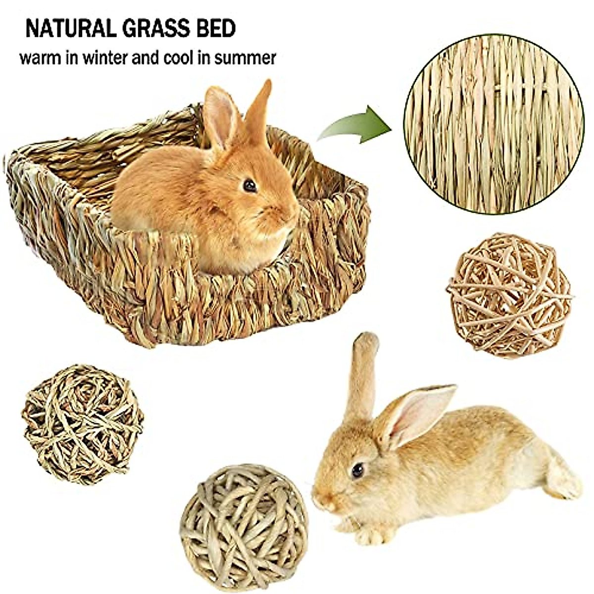 Hamiledyi Rabbit Grass Bed for Bunny, 21 Pcs Rabbit Chew Toys for Teeth Grinding Sweet Bamboo Timothy Stick Woven Grass Ball Pine Cone Natural Straw Bedding for Guinea Pig Hamster Chinchilla