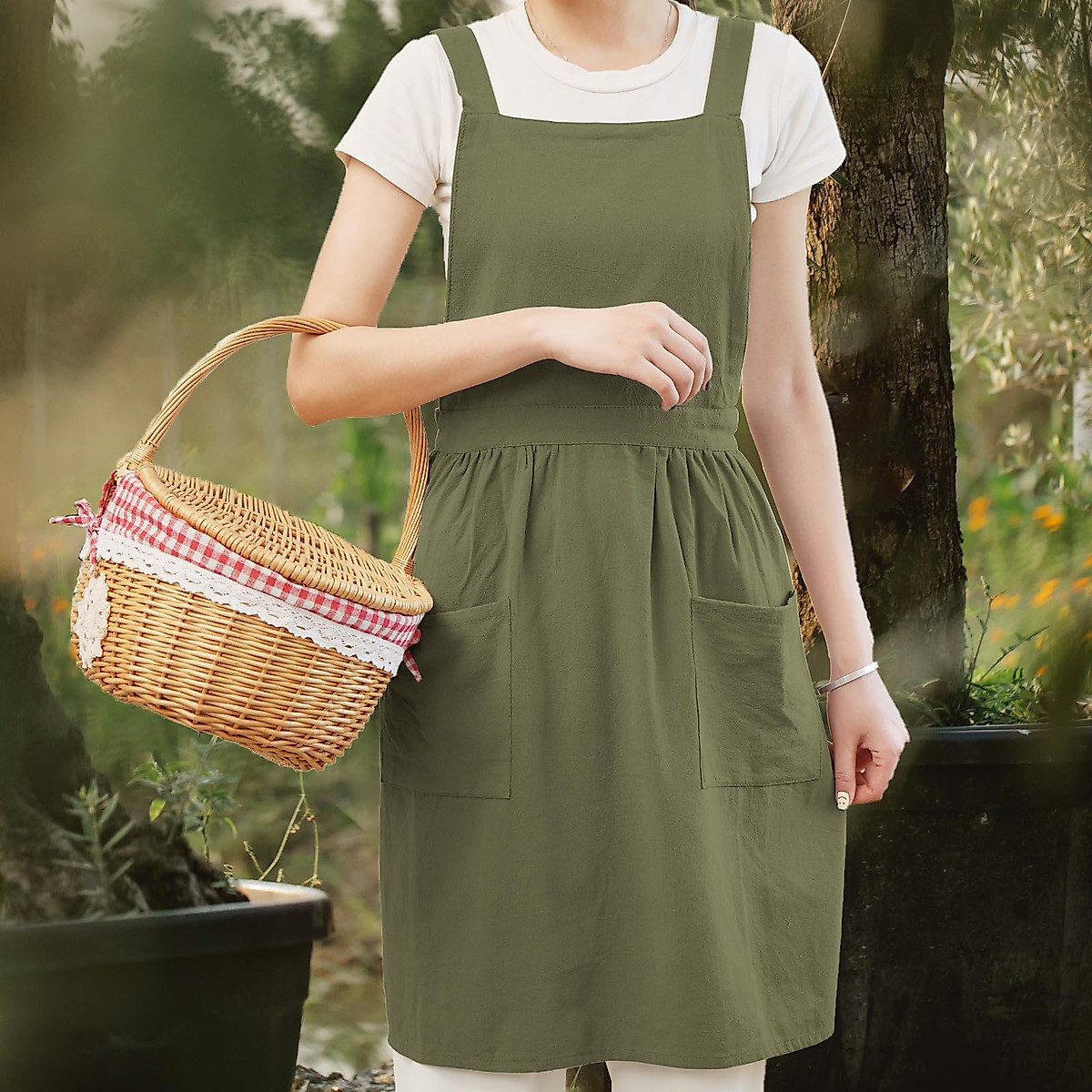 Pinknoke Cotton Linen Pinafore Apron Dress for Women with Pockets Cute Art Chef Aprons for Kitchen Baking Gardening Painting (Olive Green)