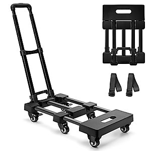 KEDSUM Upgraded Folding Hand Truck, 600lbs Heavy Duty Foldable Dolly Cart, Adjustable Handle Luggage Cart, Utility Cart with 6 Wheels & 2 Lashing Straps for Airport, Travel, Moving, Shopping, Office