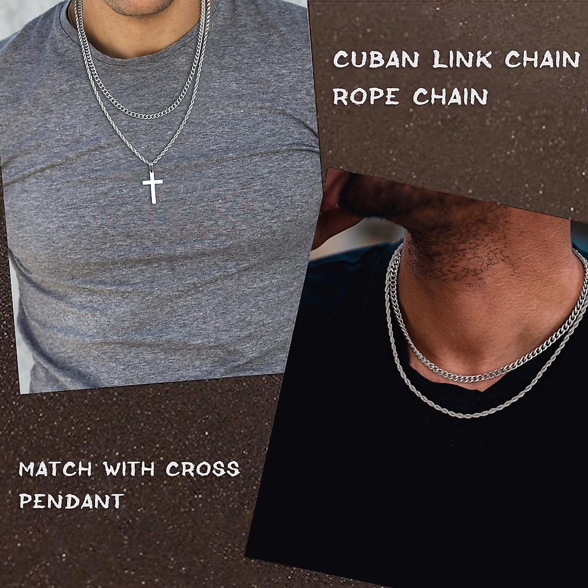 Yooblue Cross Necklace for Men, Mens Chain Necklaces, Cross Chain for Men, Silver Stainless Steel Layered Rope Chain Cuban Link Chain for Men, Mens Jewelry Gifts