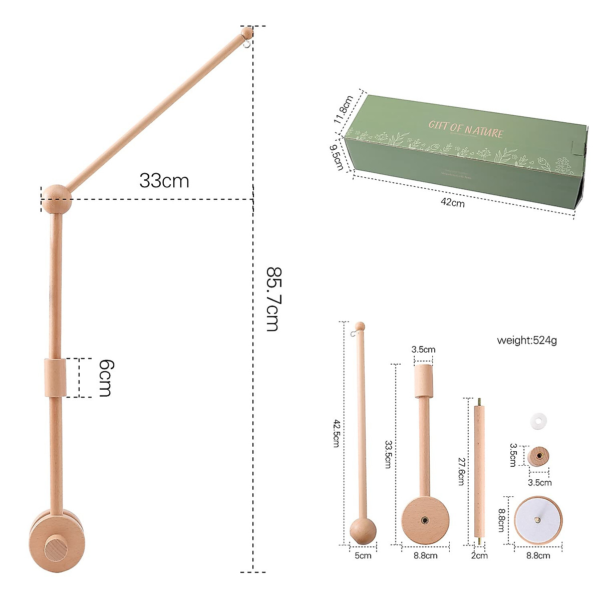 Baby Crib Mobile Arm - Wooden Baby Mobile Crib Holder 31 inch for Mobile Hanging Baby Crib Attachment for Nursery Decor