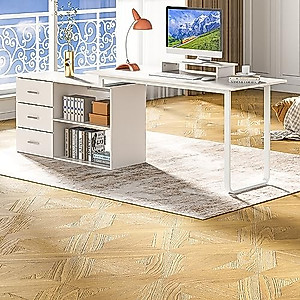 Anbuy L-Shaped Desk with Monitor Stand, Large Corner Computer Office Desk with Reversible 3 Drawers File Cabinet and Shelves, Modern Study Writing Table Workstation with Storage Cabinet