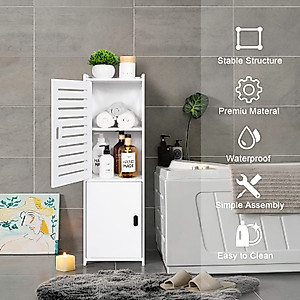 Bathroom Floor Cabinet Freestanding Double Door 3-Tier Side Storage Organizer Cabinet Unit, Multipurpose Waterproof Small Storage Cabinet for Bathroom, Bedroom, Office, White