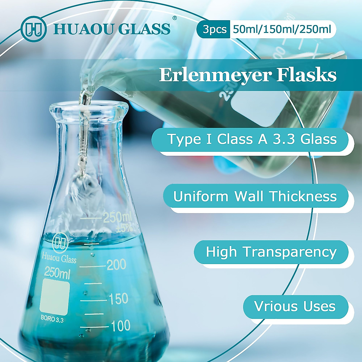 Glass Erlenmeyer Flask Set 50ml 150ml and 250ml, Narrow Mouth Graduated Flasks, 3.3 Borosilicate Glass, Ideal for Laboratory, Classroom or Home Use, HUAOU