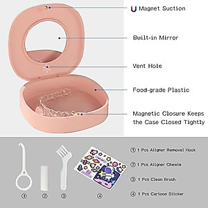 JOYSTOR Retainer Case with Vent Holes, and Mirror, Cute Slim Aligner Case Night Mouthguard Case, with Retainer Removal Tool, Chewie & Brush, for Women & Men, Pink