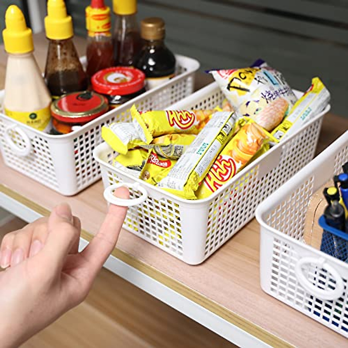 Tstorage Slim Plastic Storage Baskets with Circles, Plastic Desktop Pencil Baskets, 6 Packs