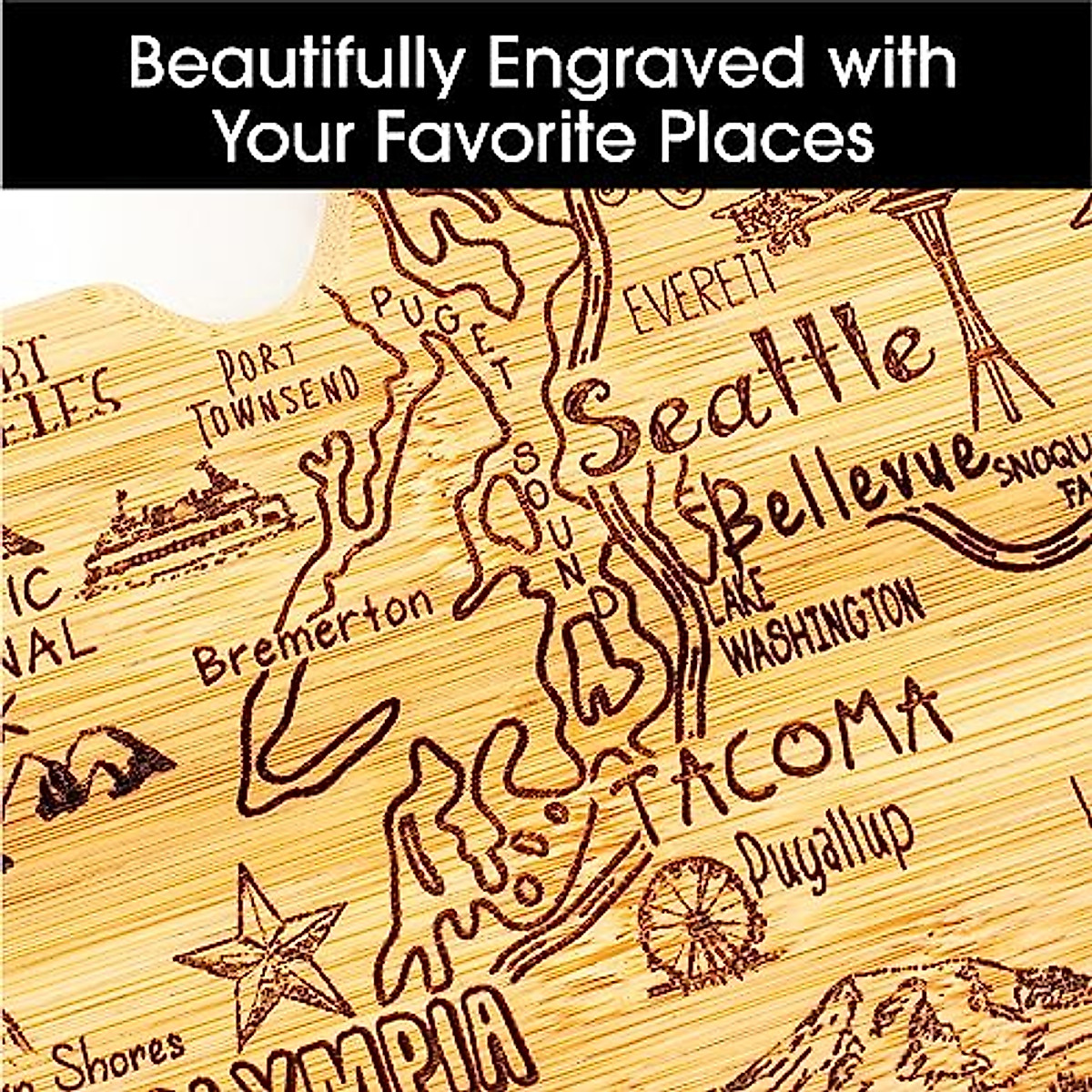 Totally Bamboo Destination Washington State Shaped Serving and Cutting Board, Includes Hang Tie for Wall Display
