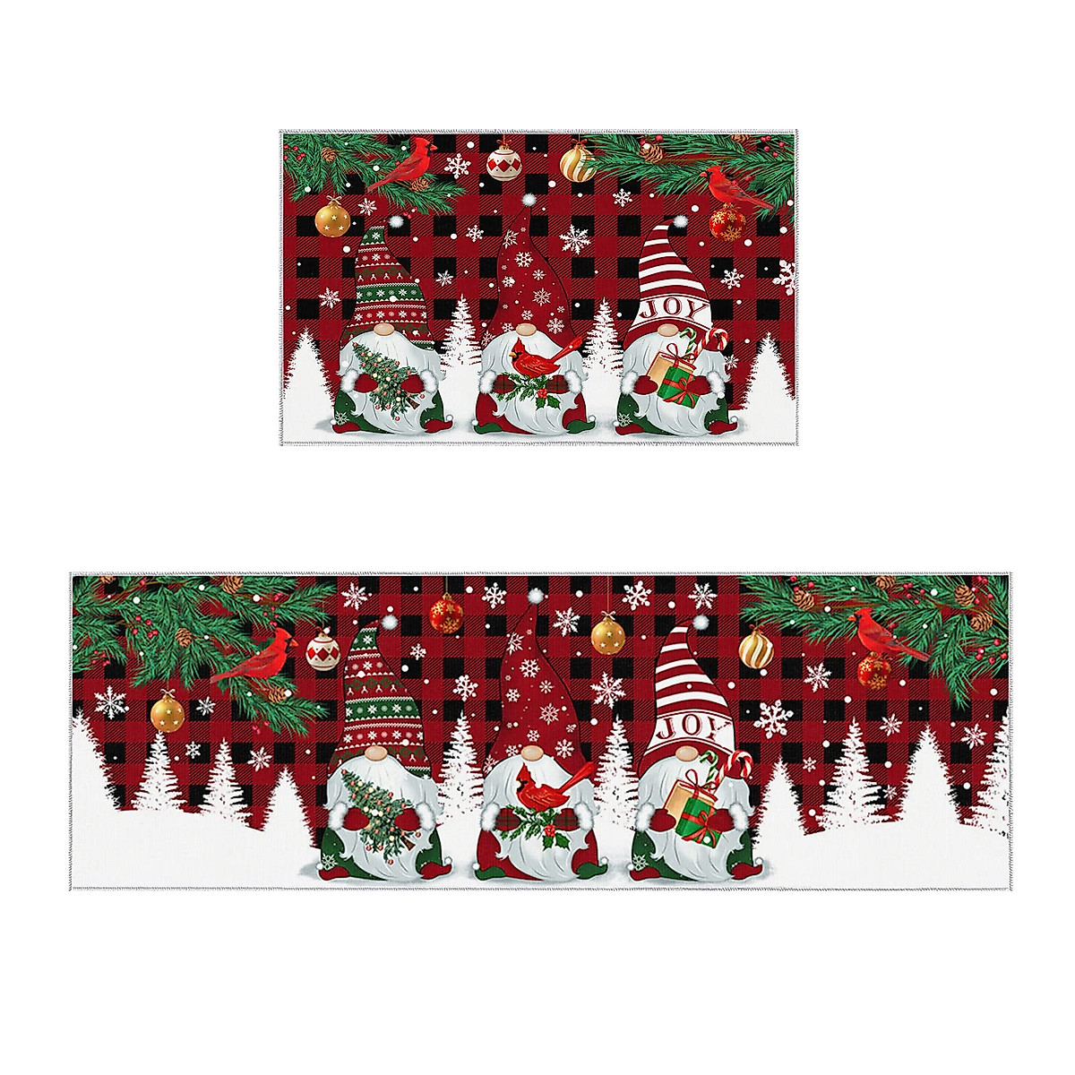 Christmas Gnome Kitchen Rugs and Mats Set of 2 Snowflake Red and Black Buffalo Plaid Xmas Kitchen Mat,Non-Slip Area Runner Rug,Washable Floor Mat for Home Dining Room Office 16x24in+16x47in
