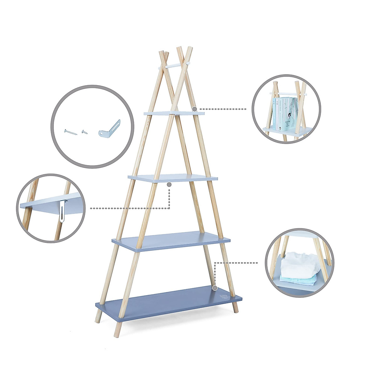 Fantasy Fields - Book Shelf Organizer for Kids with Storage, Toddler Book Display Bookshelf, Kids Wooden Ladder Bookcase Display Shelves - Gray