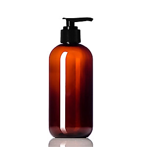 Aromine 8oz Plastic Amber Bottles (6 Pack) BPA-Free Squeeze Containers with Pump Cap, Labels Included