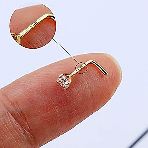 CM Crareesi Mania 14K Real Solid Yellow Gold Nose Stud 20Gauge Prong Set Round CZ L Bend Nose Stud Piercing