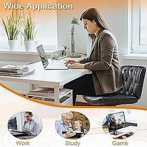 HomVent Armless Office Desk Chair No Wheels, PU Leather Tufted Padded Cute Desk Chair, Modern Ergonomic Computer Desk Chair w/Gold Cross Base,Adjustable Swivel Desk Chair for Makeup Vanity Study Black