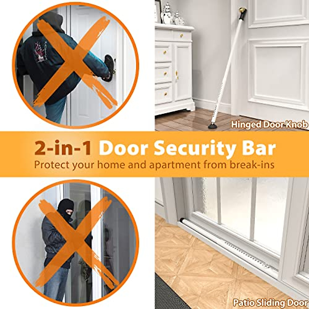 Door Security Bar, Door Stoppers Jammer Stick Bar for Safety, Adjustable Door Lock Bar for Sliding Glass Patio Door, Apartment, Home - Anti Break in Door Brace from Inside, White