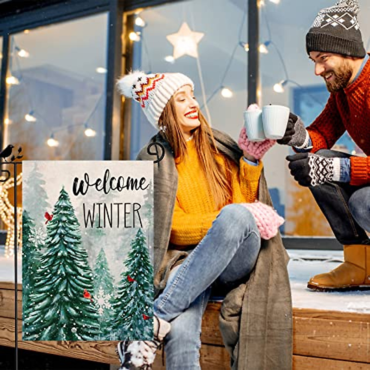 Welcome Winter Pines Tree Garden Flag Double Sided Cardinal Red Bird Christmas Garden Flag for Outside Xmas Farmhouse Seasonal Outdoor Flag