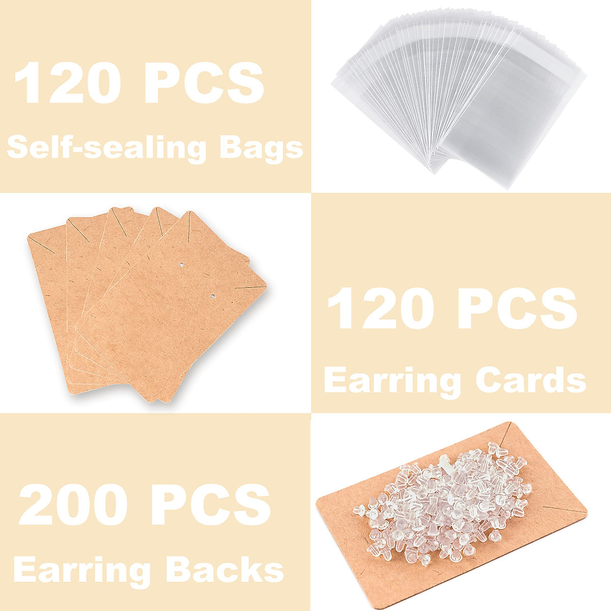 Earring Cards for Selling Including 120 Pcs Earring Holder Cards, 120 Earring Packaging and 240 Pcs Earring Backs, for Earrings/Necklace/Jewelry Display, Jewelry Packaging 3.5x2.4 Inches (Brown)
