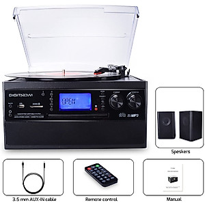 DIGITNOW Bluetooth Record Player Turntable with Stereo Speaker, LP Vinyl to MP3 Converter with CD, Cassette, Radio, Aux in and USB / SD Encoding, Remote Control, Audio Music Player Built in Amplifier