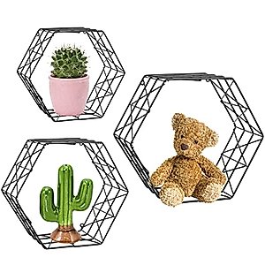 ERYTLLY Hexagon Hanging Floating Shelves, Wall Mounted Metal Farmhouse Storage Honeycomb Decorative Shelf Display Set of 3 - Modern Room Decor for Bathroom, Kitchen, Bedroom (Black)