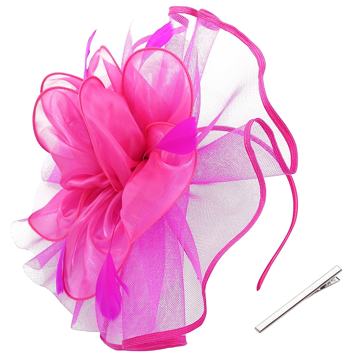 Fascinators Hat for Women Tea Party Fascinator 20s 50s Cocktail Church Wedding Headwear Large Ruffle Fascinator Hat (Fuchsia Red)