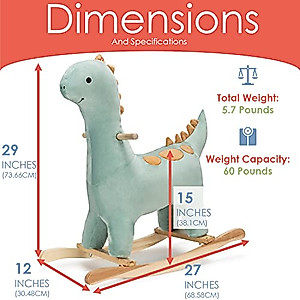 BRONTY Rocking Horse Dinosaur by JOON, Great for Child Development, Incredibly Soft Plush Fabric, Safe Dino Rocker with Wooden Handles & Base, Boost Imagination & Creativity with Sound Effects, Green