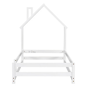 Maotifeys Twin Size Wood Floor Bed Frame with House-Shaped Headboard and Fence, Twin Size Platform Bed Frame Floor Bed for Kids, Low to Ground Height, No Box Spring Needed (White)