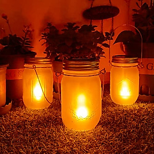 Solar Mason Jar Flame Lantern Lights ,4 Pack LED Flickering Flame Effect Light,Solar Lanterns for Outdoor Patio Party Garden Wedding Christmas Decor Lights(Mason Jars/Handles Included)
