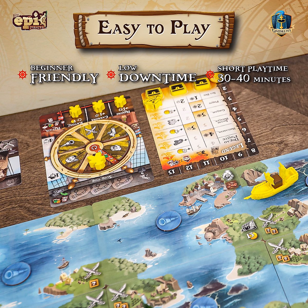 Gamelyn Tiny Epic Pirate Board Game - Notorious Pirate Ship Board Games, Strategic Board Games for Adults, With Rulebook, 210 Game Pieces, and 7 Ships, Blue