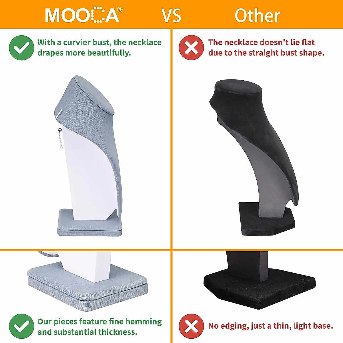 MOOCA 2 Pcs Linen Covered Wood Necklace Display Busts - Elegant Jewelry Chain Mannequins for Necklaces - 6 3/8 W x 4 1/4 D x 10 H in, Dim Grey