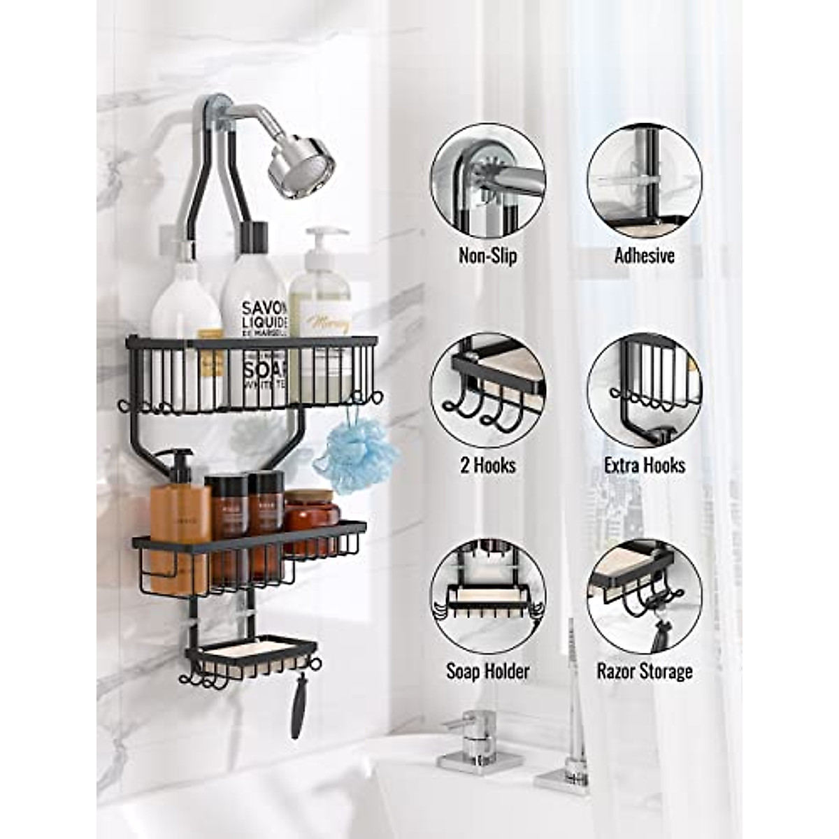 HYSEYY Shower Caddy Over Shower Head Hanging Shower Caddy for Bathroom, No Drilling Rustproof Stainless Steel Hanging Shower Organizer with Soap Holder, 10 Hooks, Large Capacity for Whole Family