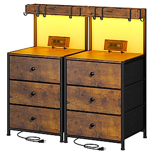 EnHomee Tall Nightstand Set of 2 with Charging Station and Led Lights Nightstand with 3 Drawers and Shelves Bedside Table with USB Ports and Outlets, for Bedroom, 4 Hooks, Rustic Brown