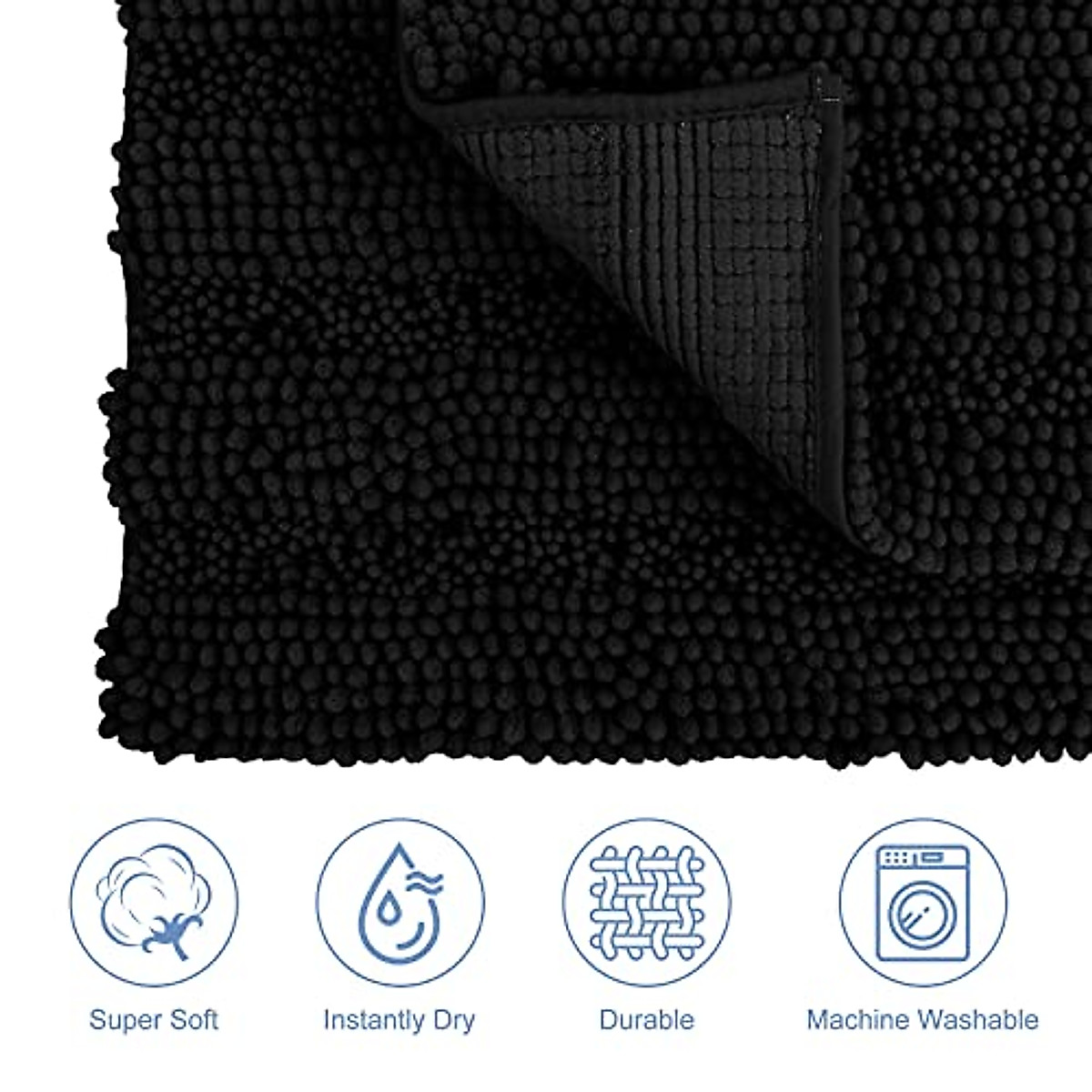 Yastouay 2 Pieces Bathroom Rugs Machine Washable Bath Mat Non Slip Bath Rugs Thick Shaggy Chenille Bath Mats for Bathroom, Shower, Door Mat(17" x 24" / 20" x 32", Black)