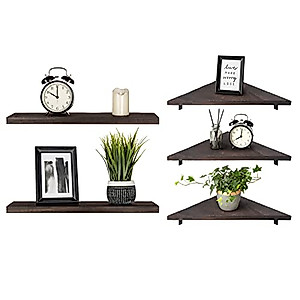 Mkono 5 Pieces Set Floating Shelves for Wall, 2 Pack Rectangle Wood Shelf and 3 Pack Triangle Wood Board Corner Shelves