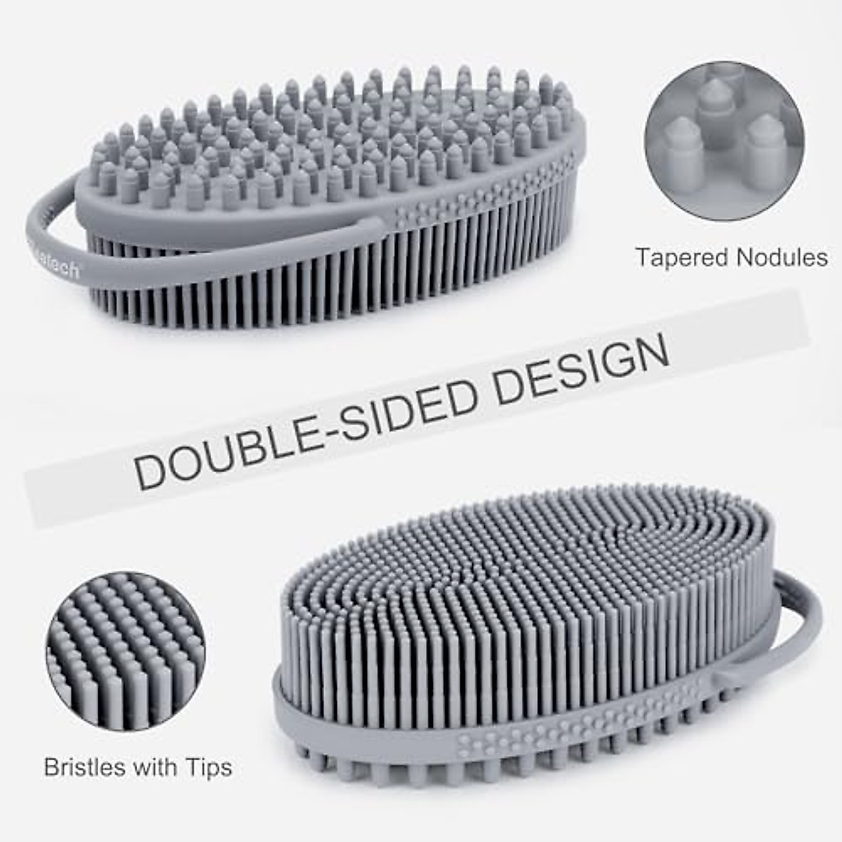 FREATECH Silicone Body Scrubber with Loop Handle, 2-Pack Gentle Exfoliating Body Cleansing Brush for Use in The Shower or Bath, More Hygienic Than Loofah, Easy to Clean, Long-Lasting, Grey & Pink