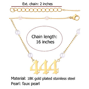 TGOLM 444 Necklace Gold Plated Stainless Steel Faux Pearl Choker Angel Number Chain Gift for Women 16"
