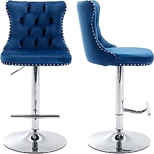 ODUSE-DAILY Velvet Swivel Bar Stools Set of 2, 25-33 Inch Height Adjustable, Counter Height Bar Stools with Back, Bar Chairs for Counter Height Bar Height Kitchen Island (Chrome, 2 Blue)