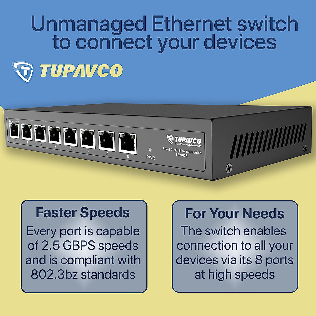 2.5GB Switch (8 Port) for Ethernet Network - High Speed 10M/100M/1G/2.5G Gigabit (802.3bz) - Unmanaged Plug & Play Fanless LAN Splitter - Metal Case - Wall Mountable - Tupavco TP1980