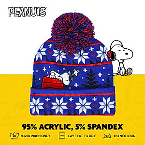 Peanuts Beanie Hat, Snoopy Red House Ugly Xmas Sweater Winter Knit Cap with Cuff and Pom, Blue, One Size