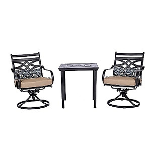 Hanover Montclair 3-Piece All-Weather Outdoor Patio Bistro Dining Set, 2 Swivel Rocker Chairs with Comfortable Seat and Lumbar Cushions, 27" Square Stamped Rectangle Table, Tan