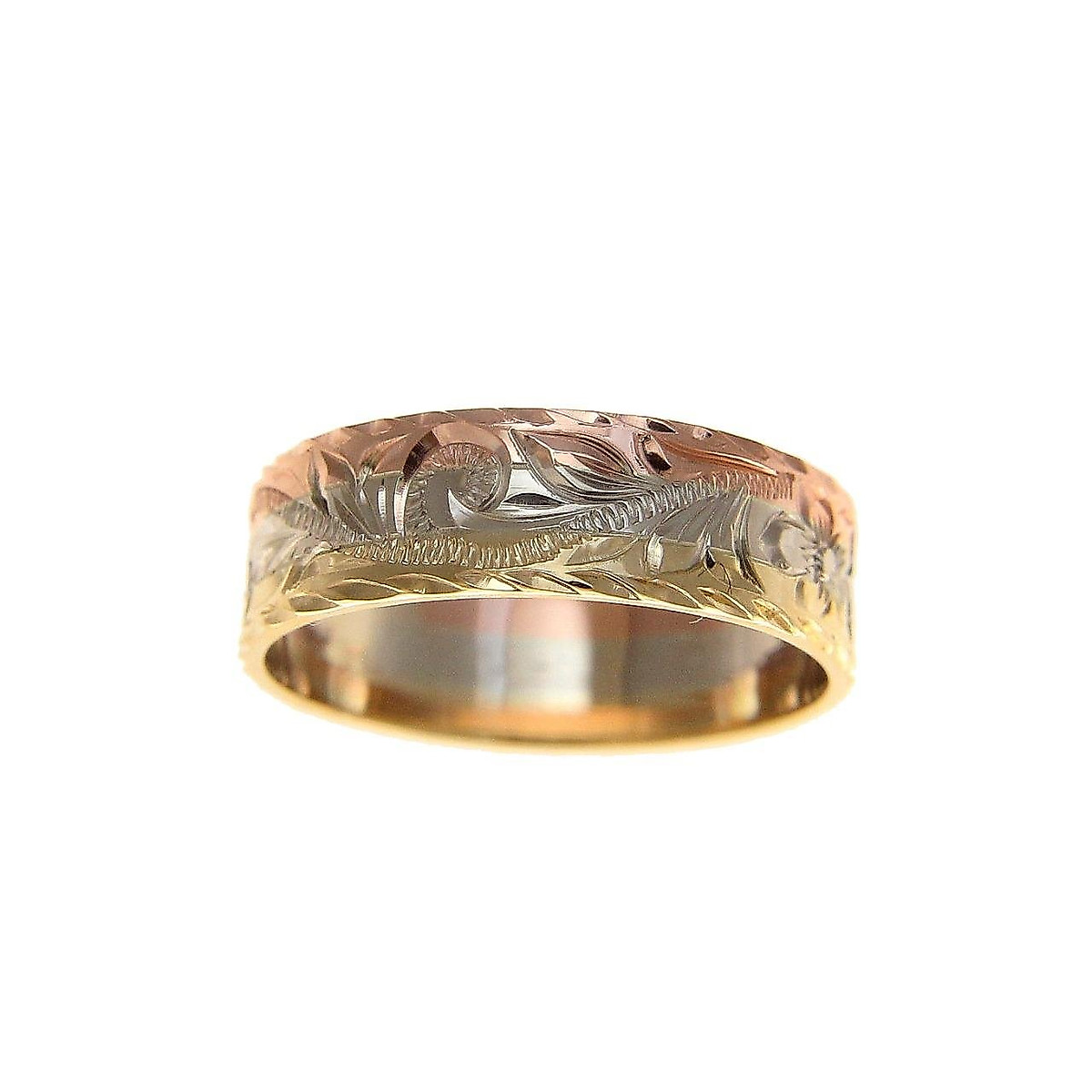 Arthur's Jewelry 14k yellow white rose tricolor gold hand engraved Hawaiian plumeria scroll 6mm ring size 9