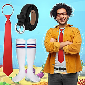 Xtinmee 3 Pcs Halloween Costume Set for Adult Men - Yellow Square Costume Accessories Set with Red Necktie, 3 Stripes Sports Soccer Team Socks, Black Belt for Sponge Cosplay