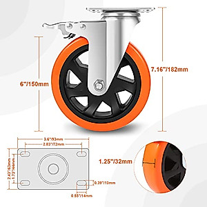 W B D WEIBIDA 6 inch Caster Wheels with Dual Locking, Casters Set of 4 Heavy Duty of 2400lbs, Premium Polyurethane No Noise Wheels for Cart, Workbench and Furniture