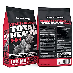 Dog Vitamins Total Health Dog Chews by Bully Max | Puppy and Adult Dog Omega 3 Supplement | Health and Immunity Vitality Chews | Performance Series Muscle Builder for All Breeds | 75 Chews per Bag