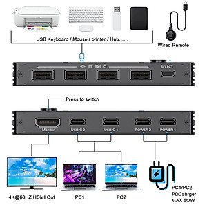 USB Type-C KVM Switch 4K@60Hz, 2 Computers Share 1 Monitor and 4 USB Devices, Compatible with Thunderbolt 3, with 87 W Power Delivery Option, Support HDMI+USB+Type-C 3.1 Input